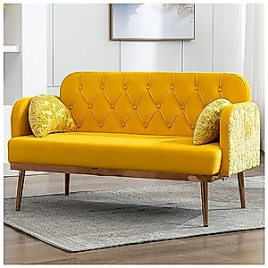 Lin-Utrend 55" Yellow Small Velvet Loveseat Couch with Elegant Moon Shape Pillows, 2-Seater Upholstered Modern Sofas Accent Loveseat Sofa Couch Small Space for Living Room Apartments
