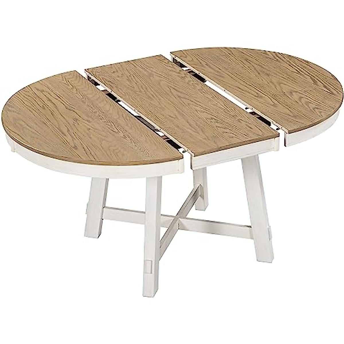 Merax 5 Piece Round Dining Table Set, Solid Wood Extendable Dining Table and 4 Upholstered Dining Chairs for Kitchen Dining Room (Oak Natural Wood + Antique White)