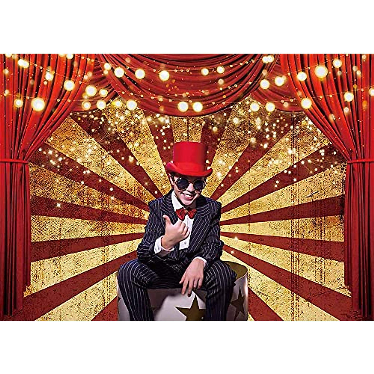Funnytree Golden Glitter Red Curtain Photography Backdrop Circus Carnival Sparkle Stripes Background Baby Shower Birthday Party Potrait Cake Table Decoration Banner Photo Booth Props Halloween 7x5ft