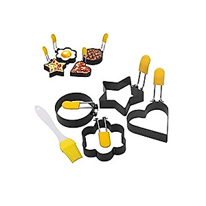 Egg Ring Upgraded Set of 4 with Oil Brush,Foldable silicone handle.Stainless Steel Egg Ring,Non Stick Round Omelette Model for Fried Egg McMuffin Sandwiches.(4 different shapes）