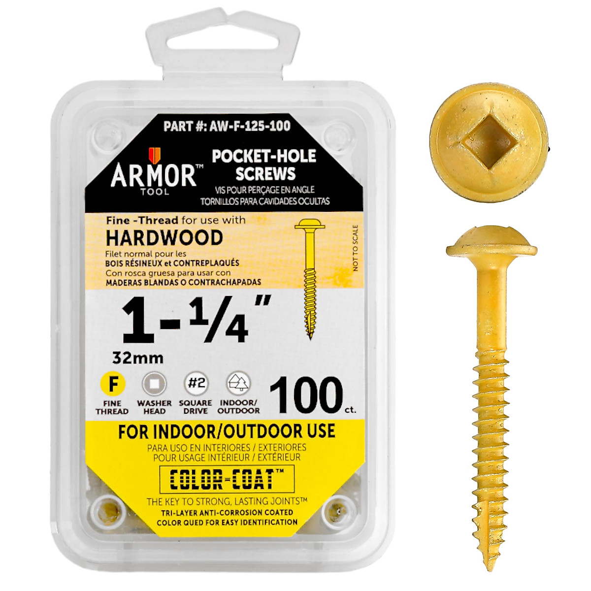 ARMOR TOOL Pocket Hole Screws - 1-1/4" Fine Thread Joinery Screws 100 Pack with Yellow Color Coat & Square Drive - AW-F-125-100