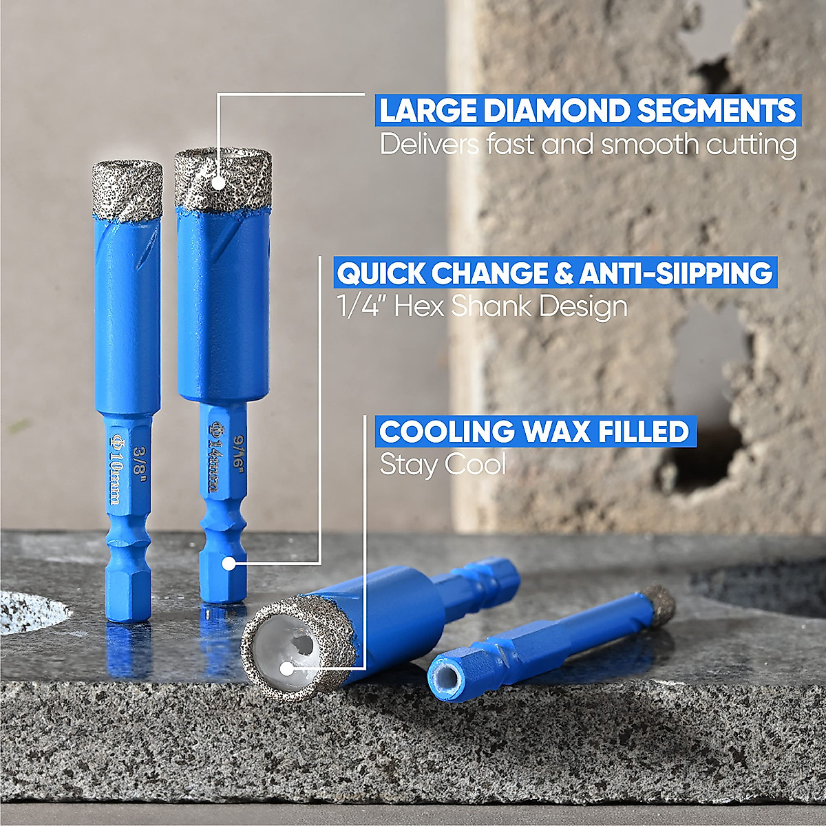 Amoolo 1/4"(6mm) Dry Diamond Drill Bits 2pcs with Quick Change Hex Shank for Glass Granite Porcelain Tile Ceramic Marble