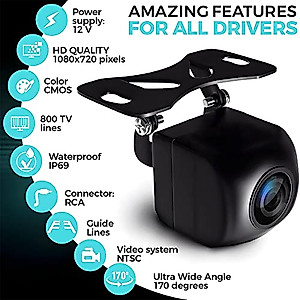 HD Backup Camera, 170 Degree Wide Angle License Plate Rear View Reversing Camera, IP68 Waterproof Universal Reverse Rearview Cam, AHD 720P Clear Night Vision for Car Vehicle SUV RV Pickup and More