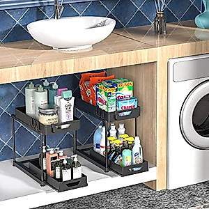 JWQ Under Sink Organizers and Storage 2 Pack, Pull-out Large Capacity Under Bathroom and Kitchen Cabinet Storage Drawer Organizer with Hooks, Multi-purpose Under Sink Shelf Organizer, Black