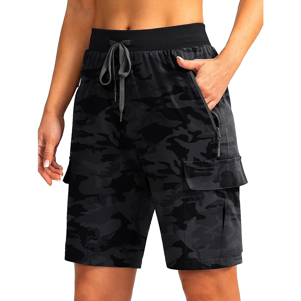 Soothfeel Women's 9" Hiking Cargo Shorts with 5 Pockets Quick Dry Summer Athletic Golf Bermuda Long Shorts for Women Casual (Grey Camo, S)