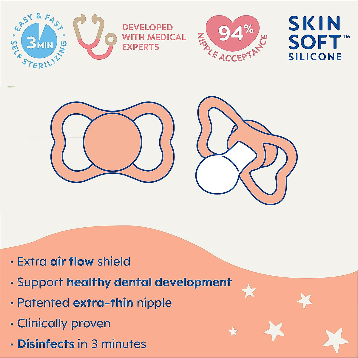 MAM Supreme Night Baby Pacifier, for Sensitive Skin, Patented Nipple, 16+ Months, Girl, 2 Count (Pack of 1)