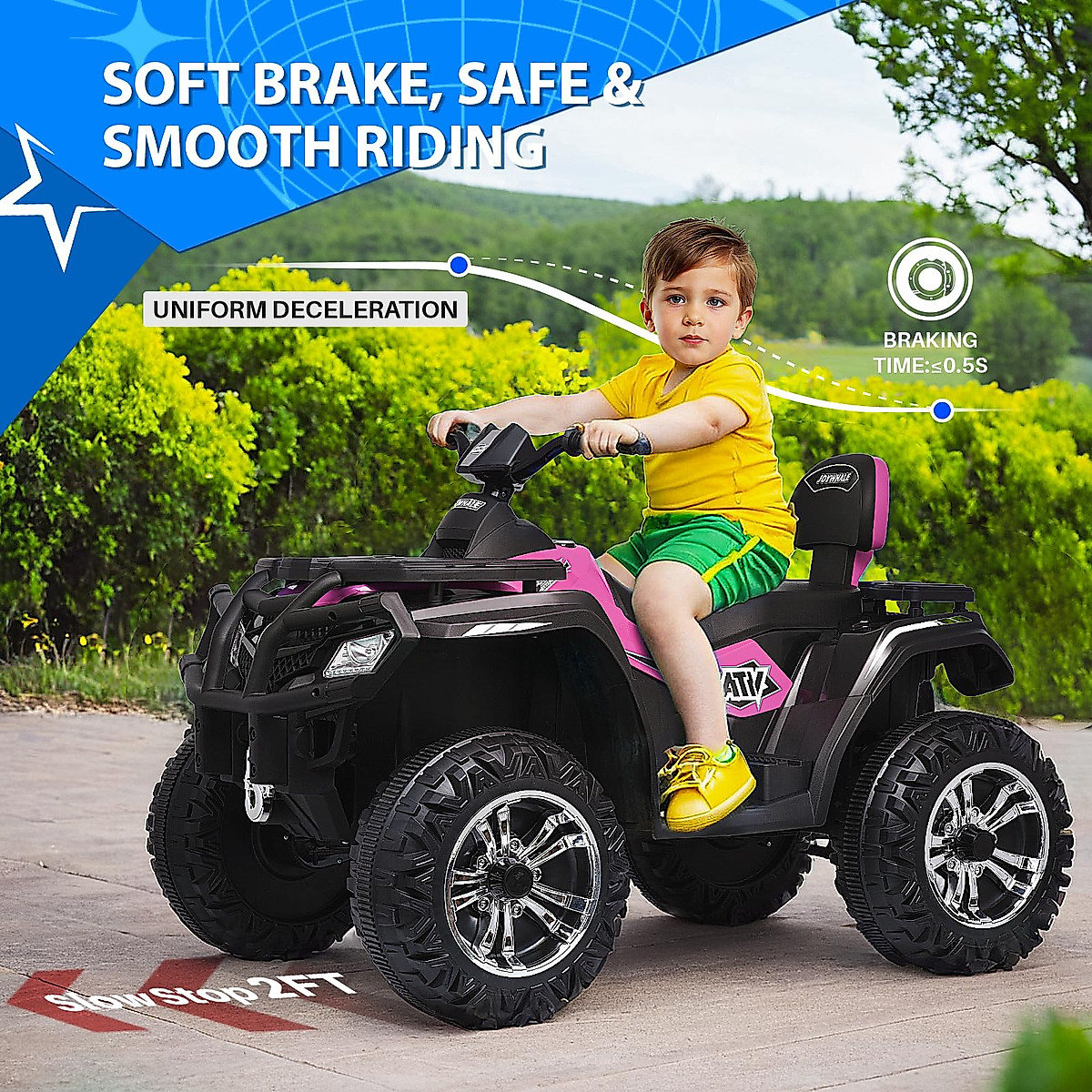 Joywhale 24V 2-Seater Ride on ATV 4WD Quad Powerful 4-Wheeler Electric Car for Big Kids, with 400W Strong Engine, 9AH Large Battery, Metal Suspension, Soft Braking, Music & Bright Headlights, Pink