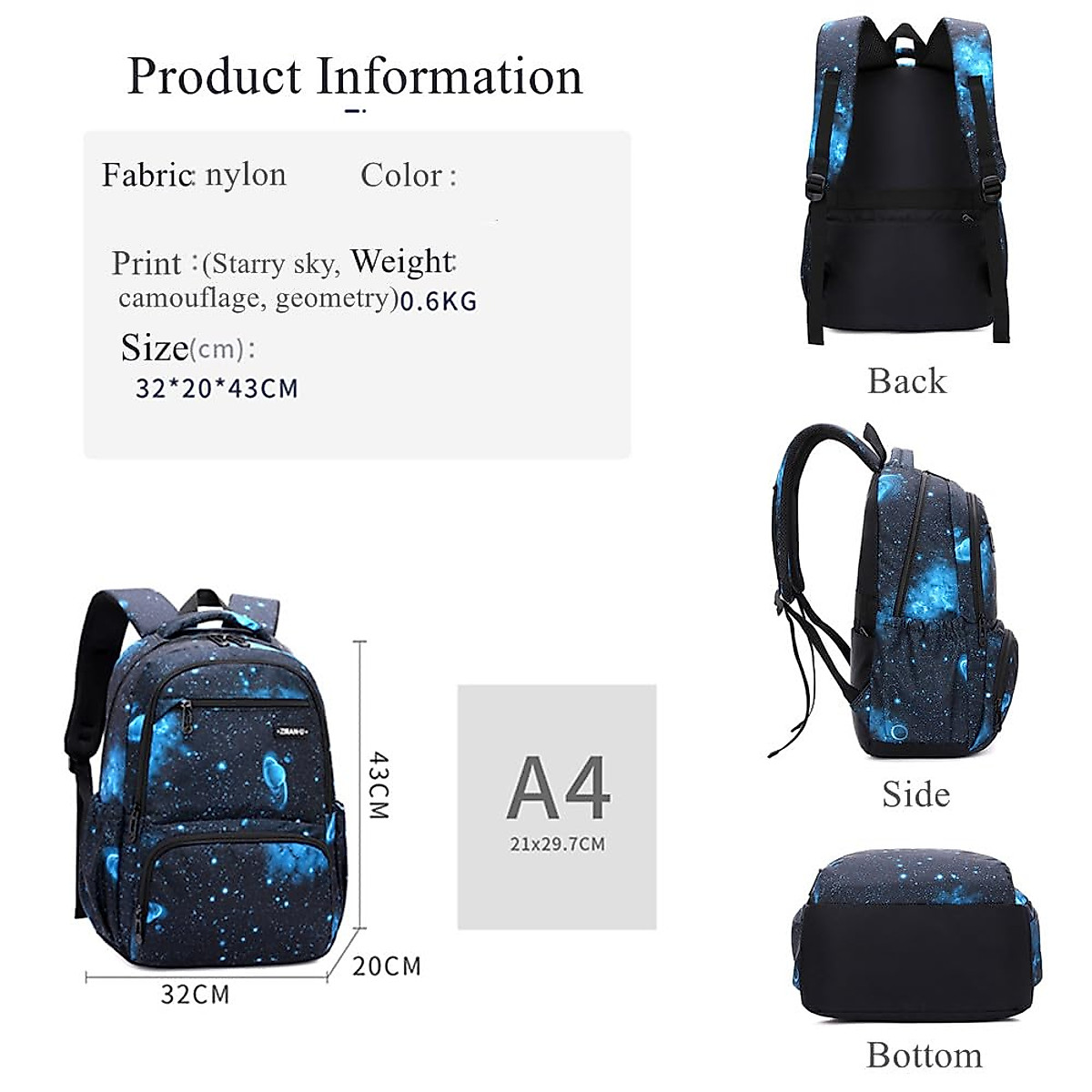 EKUIZAI Lattice Starry Geometric Print Backpack Elementary School Daypack Middle School Students Knapsack Primary Kids Schoolbag