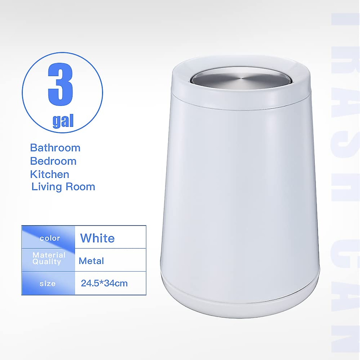 BRIEFHUMAN Household Swing White Bathroom Trash Can，Brushed Stainless Steel，10 L/3 Gallen，Garbage Can with Flipping Lid， for Indoor or Commercial Use, Kitchen,Modern，Living Room,Bedroom