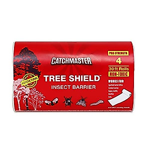 Tree Shield Insect Barrier by Catchmaster - 4 Rolls 30 Feet Each, Ready to Use Indoors & Outdoors. Banding Protection Sticky Fly Tape Moth Lanternfly Giant Coverage Wrap Glue Adhesive Plant Non-Toxic