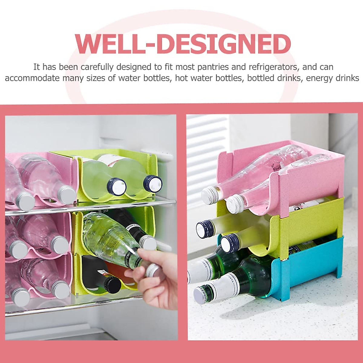 Hemoton 3pcs Refrigerator Bottle Storage Rack Wine and Water Bottle Organizer Stackable Plastic Wine Rack Beer Can Storage Box Holder for Pantry Countertop Pink