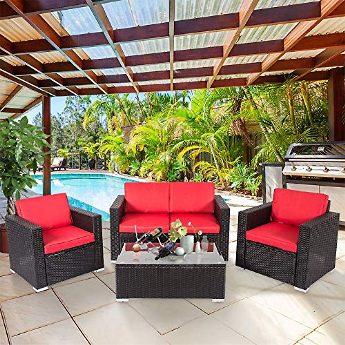 Peach Tree 4 PC Patio Furniture Sets PE Rattan Wicker Sofa Sectional Conversation Set with Washable Cushion and Coffee Table Deck Couch Set for Garden Outdoor(Red)