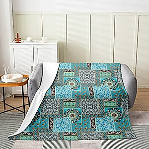 Bohemian Style Throw Blanket Blue Retro Exotic Flowers Decorative Flannel Blanket for Teens Adults Abstract Geometric Patchwork Plaid Fleece Blanket for Housewarming Sofa Twin 60x80