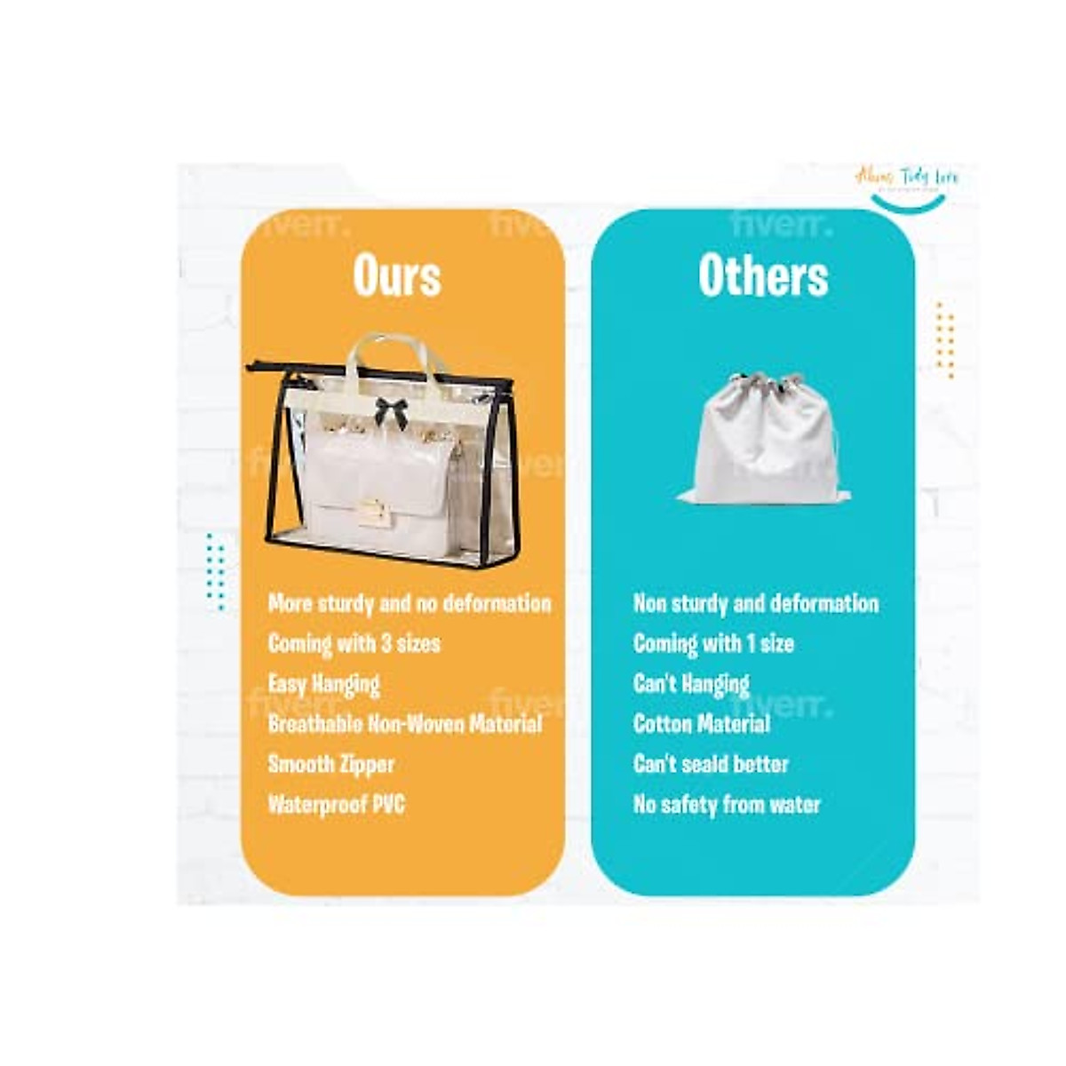 About tidy love Dust Bags For Handbags, Clear Purse Storage Organizer for Closet - Dust Free, Waterproof & Protective Purse Dust Bag with Zipper & Handles - 3x Transparent Purse Holder + 3 Hooks (1)