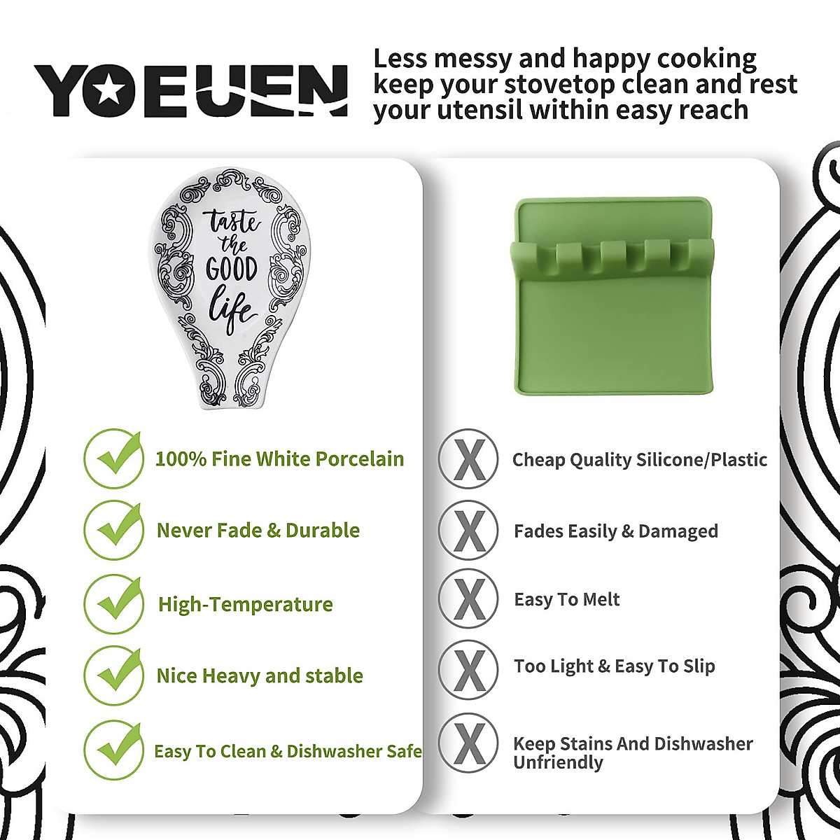 Yoeuen Green Ceramic Spoon Rest for StoveTop, 5.5inch Spoon Holder for Kitchen Counter Heat-Resistant, Classic Style Large Utensil Rest for Spatula, Spoons or Tongs, 1pcs