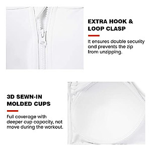 Yvette High Impact Sports Bra - Zip Front Full Coverage Sports Bras for Plus Size Women White