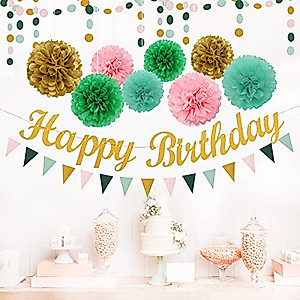 Sage-Green Pink Mint Gold Birthday Decorations - 31pcs Party Kits Happy Birthday Banner Flags,Tissue Paper Pom Poms,Circle Dots Garland,Tassel Streamers,40th 50th Women Men Birthday Decor Panduola