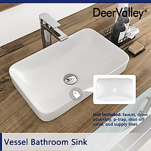 Bathroom Vessel Sink, DeerValley 19'' x 12'' Semi Recessed Bathroom Sink Rectangular White Ceramic Vessel Sinks for Bathroom Modern Bath Sink Bowl Vanity Sink Above Counter Basin DV-1V0047