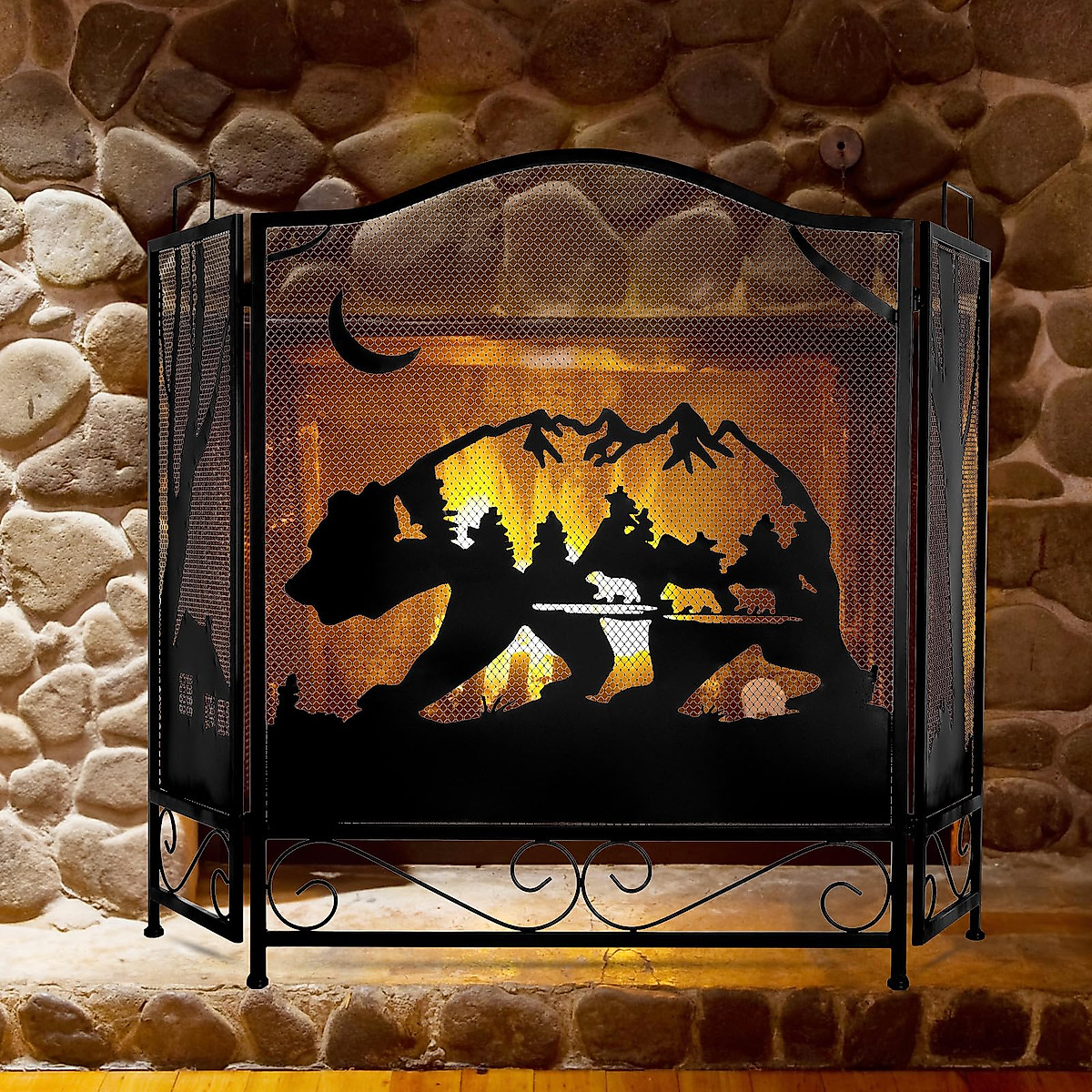 IRONWALLS 3-Panel Folding Fireplace Screens Decorative, 47.6” x 31.4” Metal Bear Fireplace Screens Fire Screen Gate Fence Spark Guard Kid Proof, Heavy Duty Fireplace Screen Black for Home Farmhouse