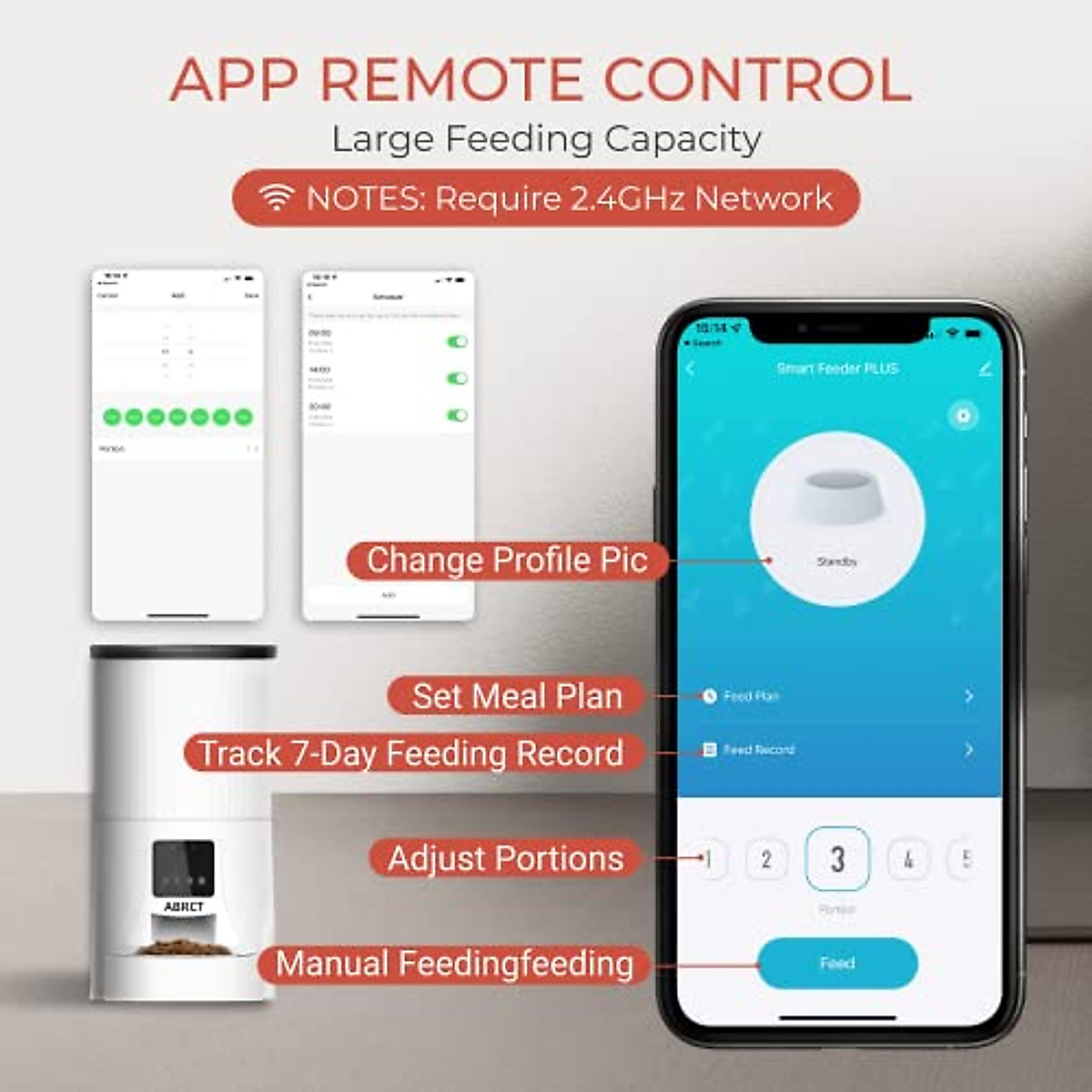 ABRCT Camera Automatic Cat Feeder, Voice and 1080HD Video Recording Cat Food Dispenser, Timed Cat Feeder with Desiccant Bag, Smart Cat Pet Feeder with Dual Power Supply (White)