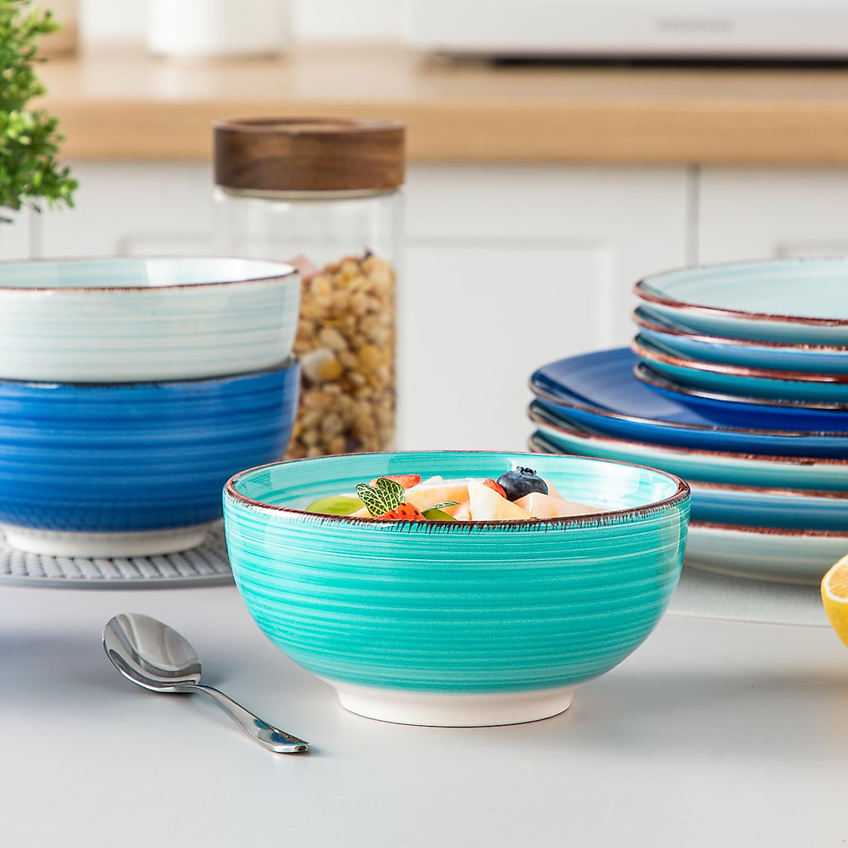 vancasso Bonita Dinnerware Set Blue Stoneware 12 Pieces Service for 4, Handpainted Spirals Pattern Stoneware Plates and Bowls Set