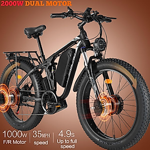 (US in Stock) SMLRO V3 Plus Dual Motors MTB with Rear Shock Absorber, 22.4AH 2000W 26" Fat Tire Electric Bike 35MPH, Mountain AWD E-Bike Suspension Electric Bicycle Ebikes for Adults (Black & Grey)
