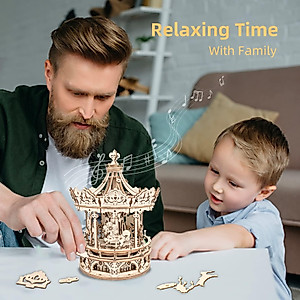 ROKR 3D Wooden Puzzles Music Box - DIY Model Building Kit Mechanical Merry-go-Round Exquisite Display Gifts for Teens Man/Woman Family