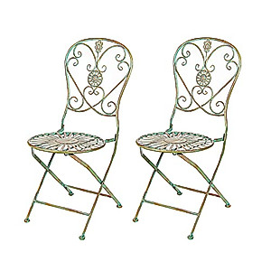 Sungmor Indoor Outdoor Bistro Chair, Garden Patio Balcony Metal Chair Furniture, Two Piece Antique Green 15.8D*36.6H Chairs, Decorative Pretty Chair with Rustic Style and Unique Pattern
