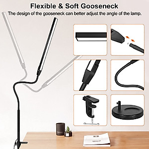 Touch Control LED Desk Lamp, 2-in-1 Gooseneck Clamp on Lamp, Desk Lamp for Home Office, 3 Modes Stepless Dimmable Workbench Light for Painting Reading Working Study Dorms Nightlight