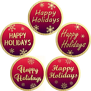 500 Pieces Happy Holidays Stickers Gold Foil Stamping Sticker 2 Inch Large Round Holiday Stickers for Christmas Holiday Cards Envelopes Boxes, 5 Styles