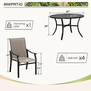 MIXPATIO 5 Pieces Patio Dining Set, 4 Person 42" Round Black Table and Textilene Chairs, with 1.57" Umbrella Hole, Outdoor Patio Table and Chairs, for Garden Lawn Porch Backyard Poolside