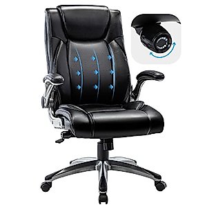 COLAMY Executive Office Ergonomic Chair with Thick Bonded Leather, Flip-up Armrests, High Back Adjustable Height and Tilt for Working, Study, Gaming