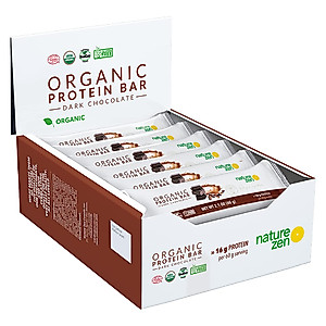 Organic Protein Bars from Nature Zen, Chocolate, High protein snack, 16g protein, High in fibers, certified vegan, No artificial flavor, Nut Free, Soy free, Gluten Free, dairy free, 60g, 12 bars per box