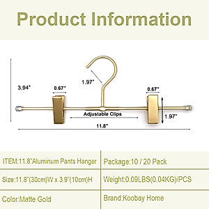 Koobay Pants Hanger Gold Aluminum Skirt Hangers 2-Adjustable Clips Heavy Duty Clothes Hangers Space Saving Durable Hanger 11.8" Closet Organizer for Pant,Pack of 10