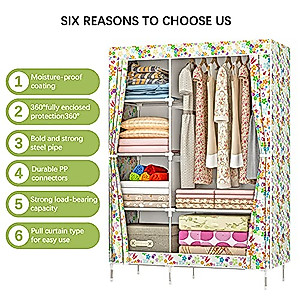 QUMENEY Wardrobe Storage Closet, Portable Clothes Standing Shelves Organizer, Extra Strong and Durable Non-Woven Fabric Rack with Hanging Rods, Quick and Easy to Assemble (Flower)
