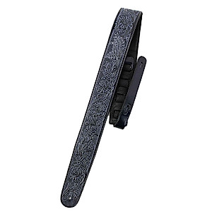 Walker & Williams DLX-282 Handmade Brushed Black Padded Guitar Strap with Embossed Tooling For Acoustic, Electric, And Bass Guitars