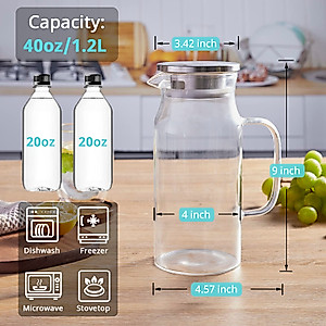 1.2 Liter 40 oz Glass Pitcher with Lid and Spout, Glass Water Pitcher for Fridge, Glass Carafe for Hot/Cold Water, Iced Tea Pitcher, Small Pitcher for Coffee, Juice and Homemade Beverage
