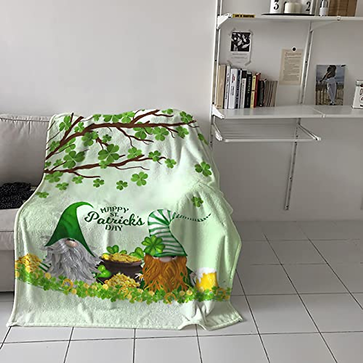 Fantasy Staring St. Patrick's Day Throw Blanket - Elf Gnome Lucky Green Clover Shamrock Flannel Blanket Microfiber Holiday Blanket Soft, Cozy, Comfy Throw for Sofa Couch Bed, 40 x 50 inch