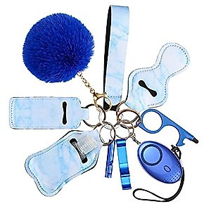 AMIR Safety Keychain Set for Women and Kids, 10 Pcs Safety Keychain Accessories, Self Defense Keychain Set for Girls with Safe Sound Personal Alarm, No Touch Door Opener, Whistle and Pom, Blue