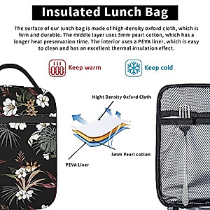GAMSJM White Flower Lunch Box for Women, Black Insulated Lunch Bag