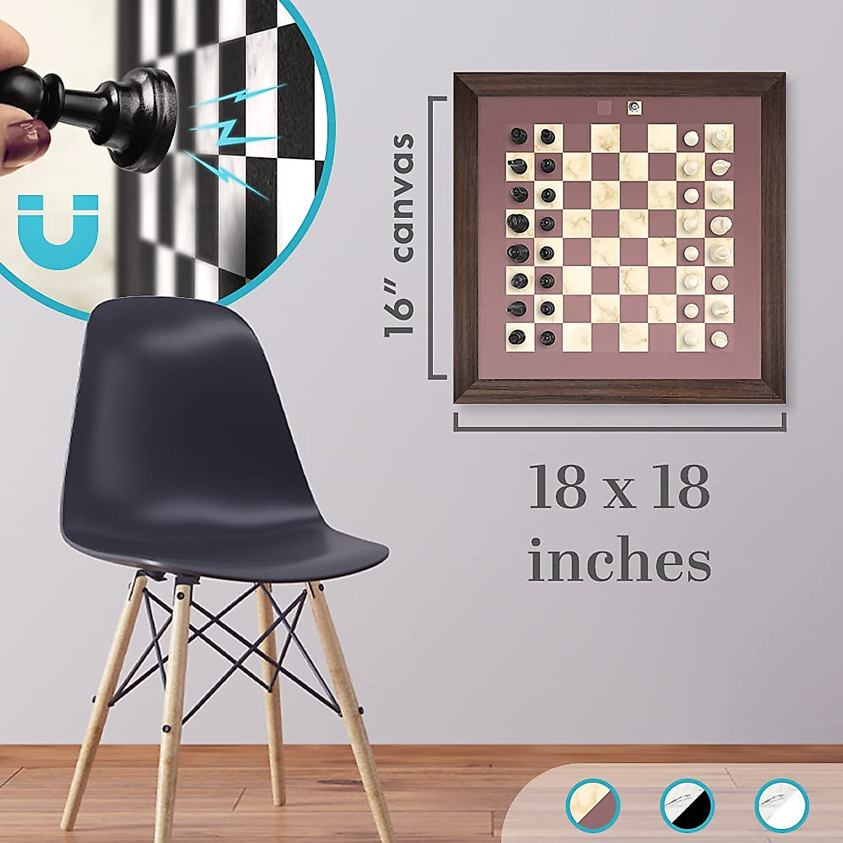 Home Magnetics Magnetic Wall Chess Set - Wall Mounted Chess Board Game - Framed Wooden Chess Set with Magnetic Chess Pieces (Black)