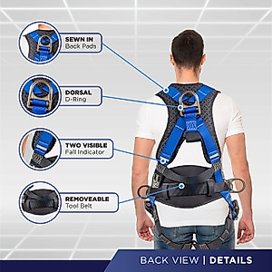Palmer Safety Fall Protection Full Body 5 point Harness, Padded Back Support, Quick-Connect Buckle, Grommet Legs, Back&Side D-Rings, OSHA ANSI Industrial Roofing Tool Personal Equipment (Blue - MD)