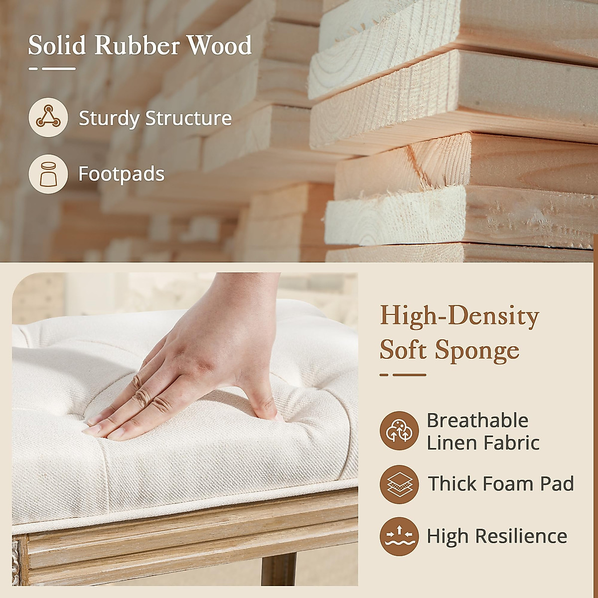 LUE BONA Upholstered Fabric Vanity Bench Seat, Makeup Stools for Vanity, Square Tufted Ottoman Bench with Carved Wood Color Legs for Bedroom Living Room, Beige