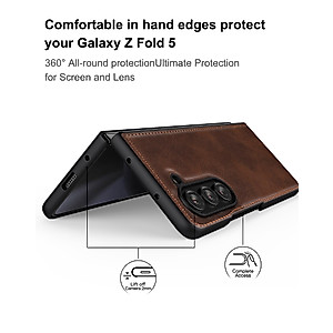 Foluu Case for Samsung Galaxy Z Fold 5, with Front Built-in Screen Protector, PU Leather + Hard PC Shell Ultra Thin Slim Durable Protective Phone Cover for Samsung Galaxy Z Fold5 5G 2023 (Brown)
