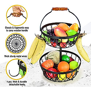2 Tier Fruit basket for kitchen countertop with 4 banana hangers, Detachable, Large Capacity & Thick Wire construction, Fruit and vegetable bowl, fruit and vegetable storage, snacks, bread and more.