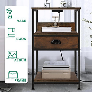 FURWOO Bed Side Table with Charging Station 3-Tier Storage Industrial nightstand with Drawers Good for Bedroom Living Room Rustic Brown