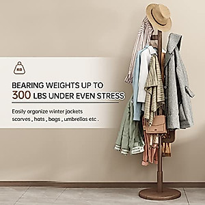 KASLANDI Coat Rack,Unique Design Cactus Coat Rack Freestanding，FAS Grade Rubber Wood,Adjustable Height Wooden Coat Rack Stand with 6 Hooks, Coat Tree Easy to Assemble (Walnut)