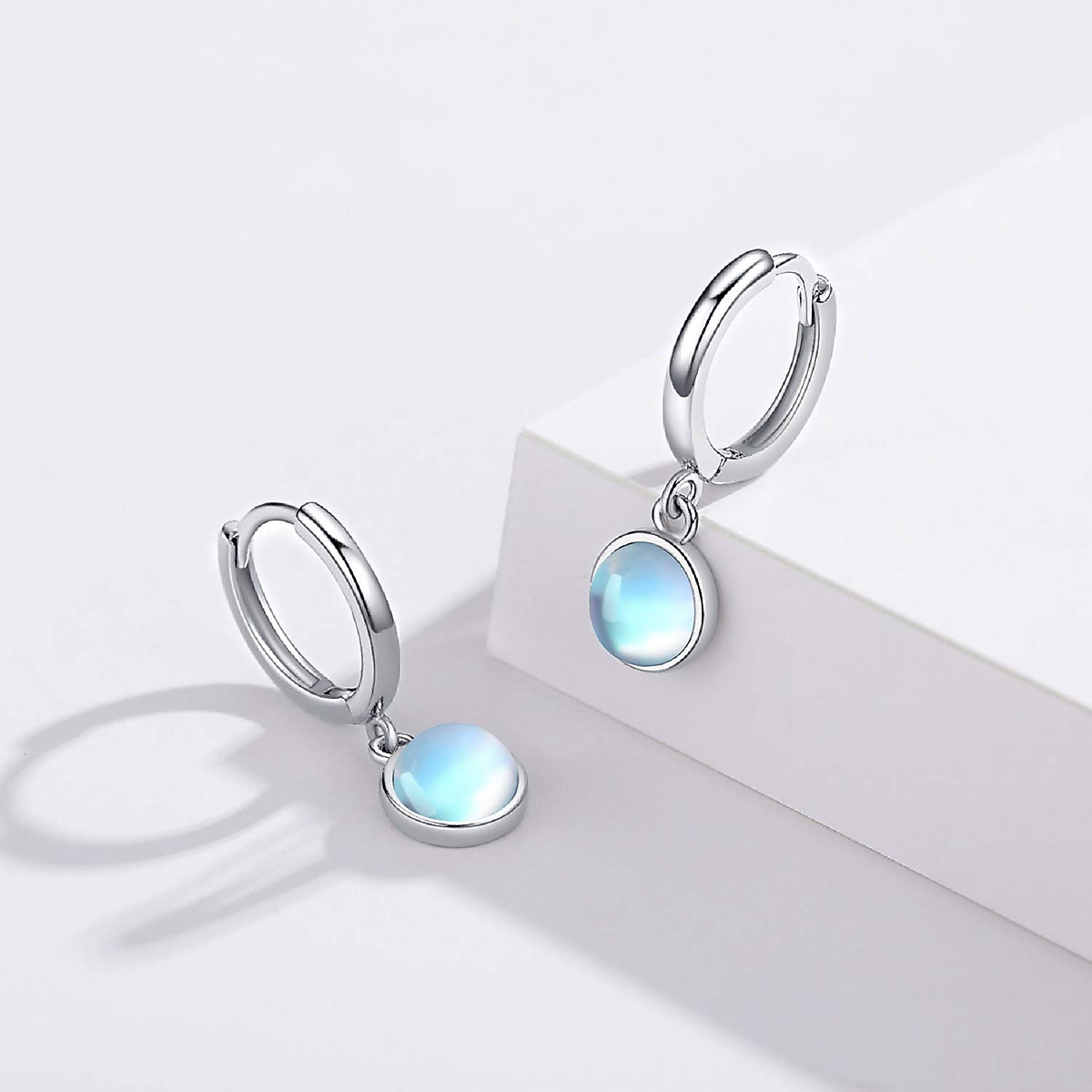 Cuoka Round Moonstone Earrings 925 Sterling Silver Small Moonstone Bead Hoop Earrings Rainbow Moonstone Dangle Earrings Jewelry for Women Mom