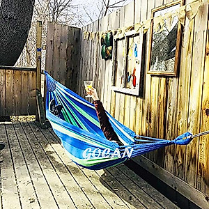 GOCAN Brazilian Double Hammock 2 Person Extra Large 220x160cm Total Length 330cm Load 500lb Canvas Cotton Hammock for Patio Porch Garden Backyard Lounging Outdoor and Indoor(Blue/Green) XXL