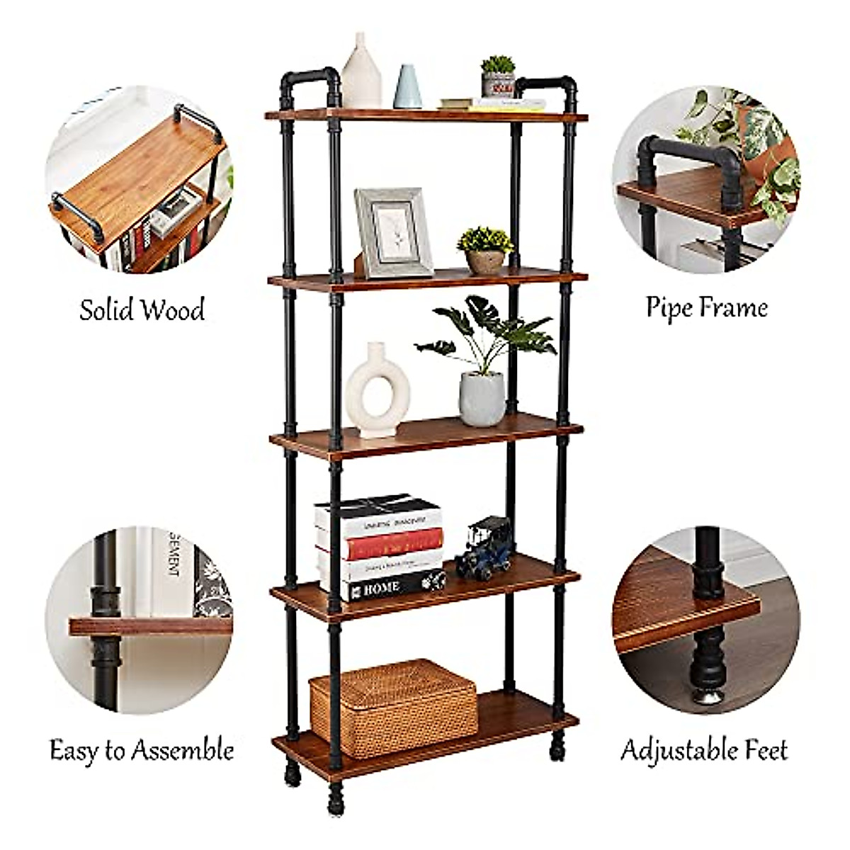 Anynice Industrial Bookshelf, Bookcases and Book Shelves 5 Shelf,Pipe Bookshelf, Industrial Pipe Shelving, Pipe Shelves(Rustic Brown, 29.5" L x 11.8" W x 70" H)